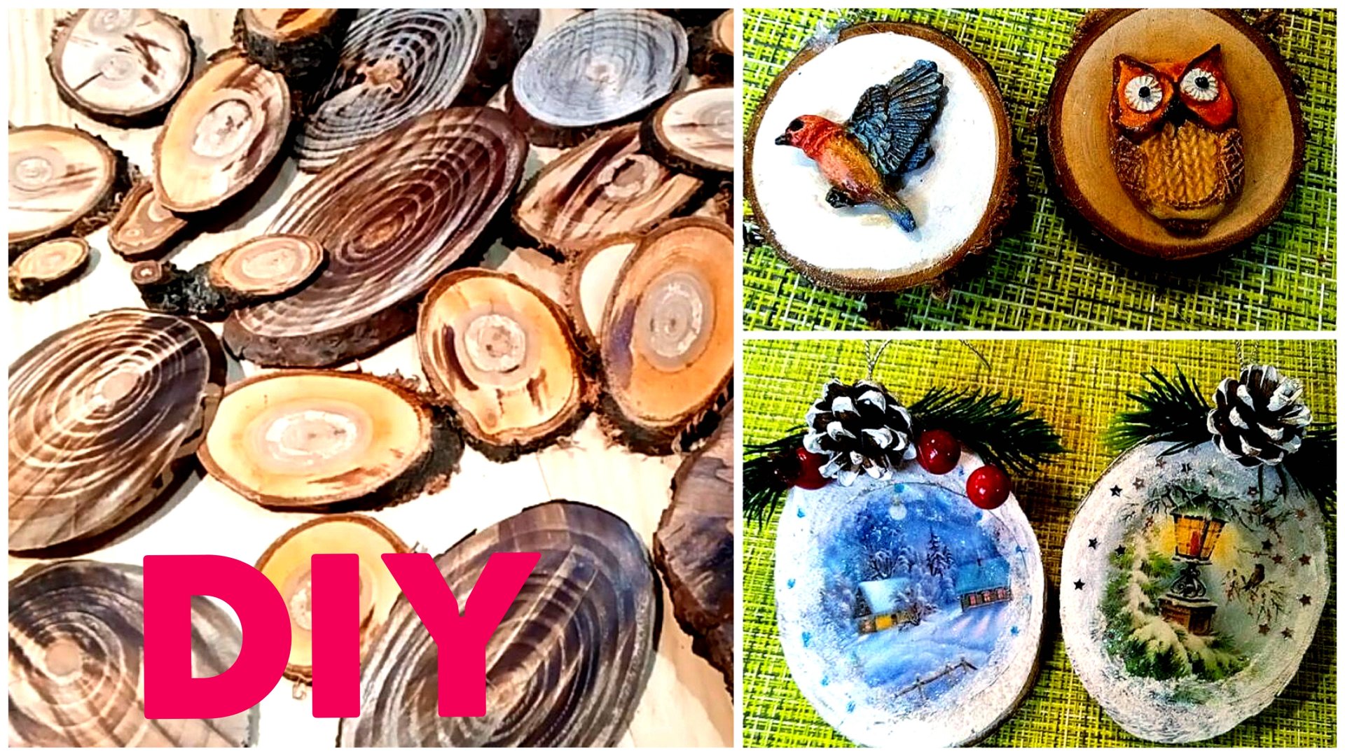 Новогодние игрушки из деревянных спилов. Рисунок на спиле дерева. Поделки своими руками.