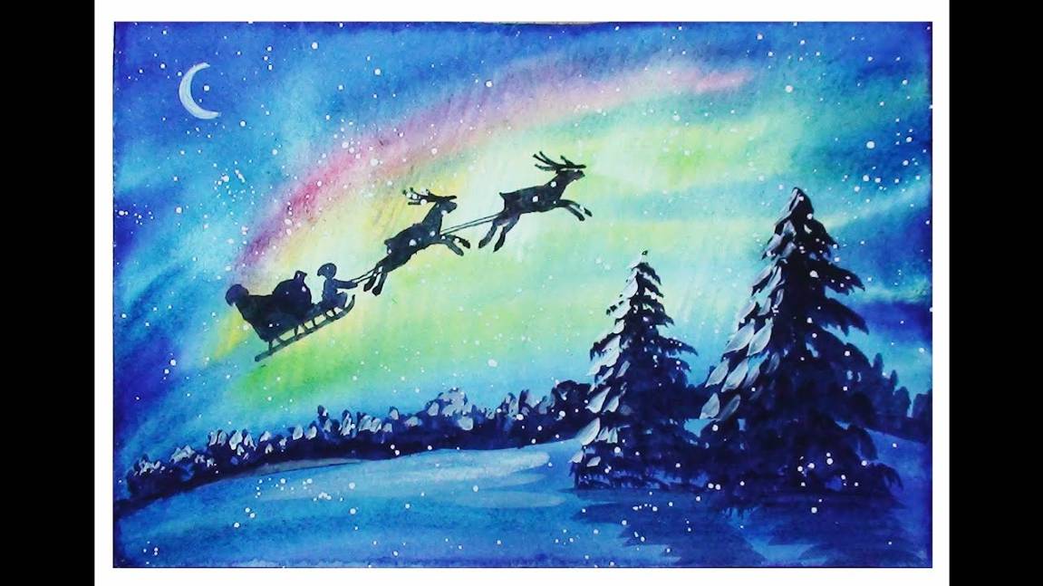 Северное сияние. Зимний пейзаж акварелью для начинающих. Очень просто.