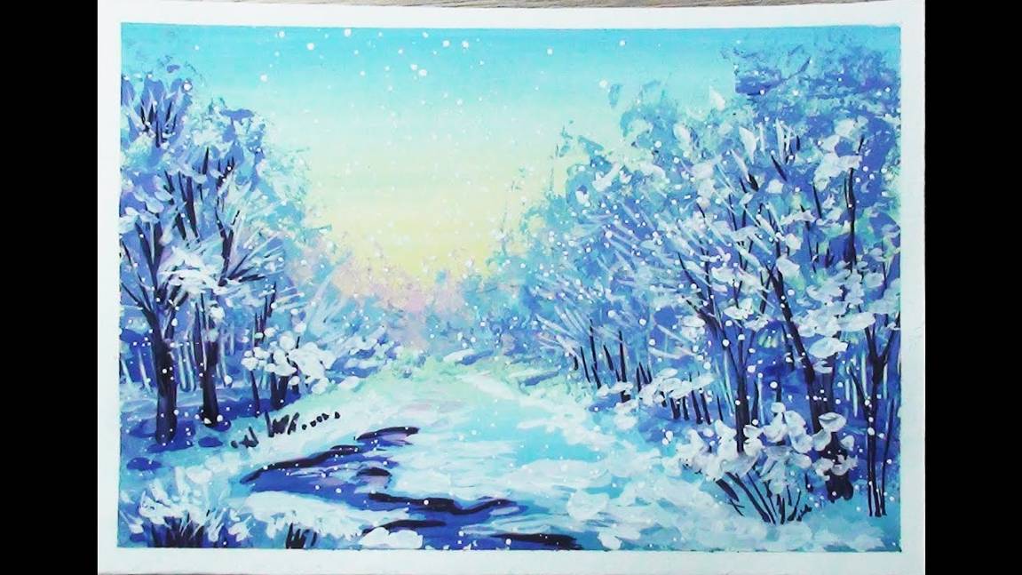 Зимний пейзаж гуашью. Как нарисовать просто.