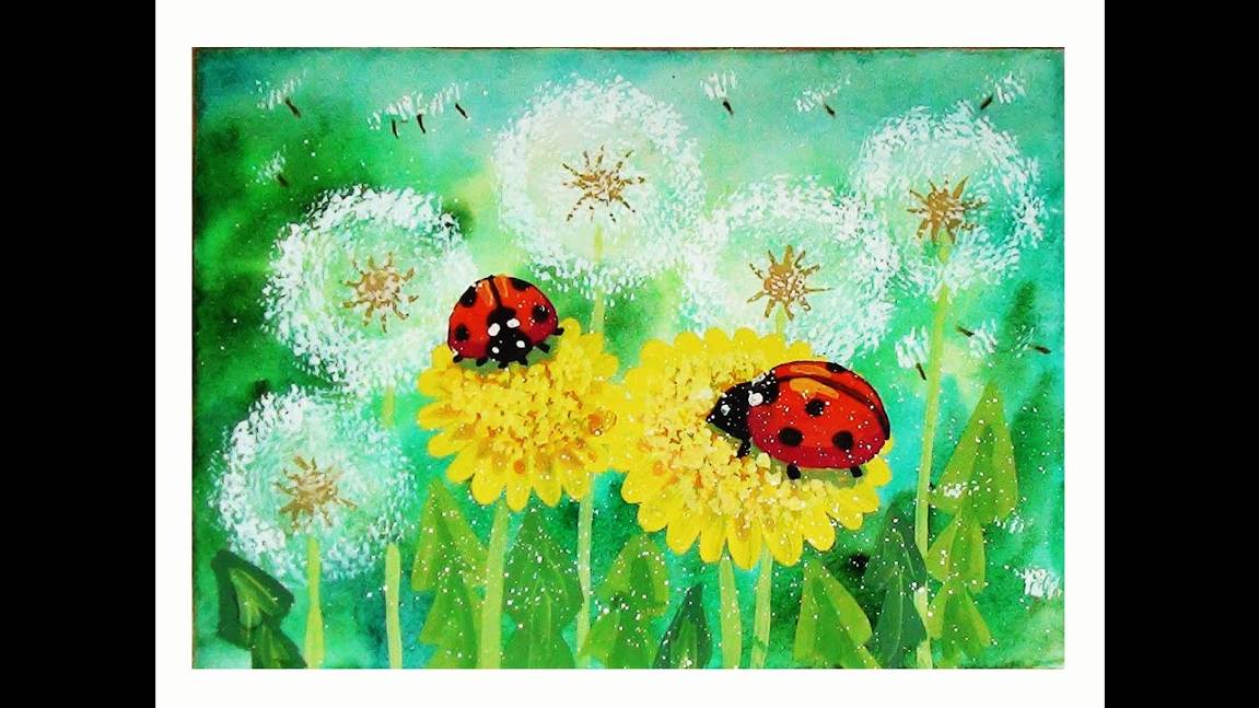 Как нарисовать одуванчик и божью коровку легко, поэтапно гуашью. Пошаговая инструкция.