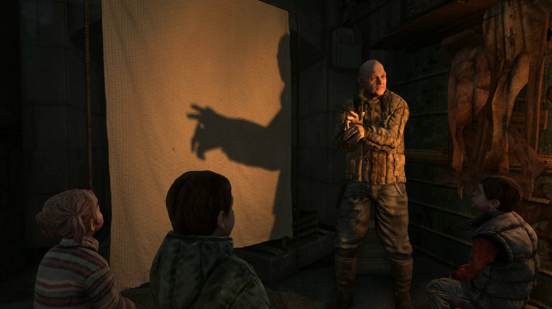 Дядя Миша показывает детям тени животных, которые существовали до ядерной войны►Metro Last Light Red