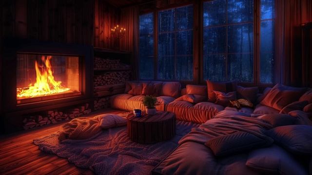 Ночная дождливая погода в уютной комнате с камином