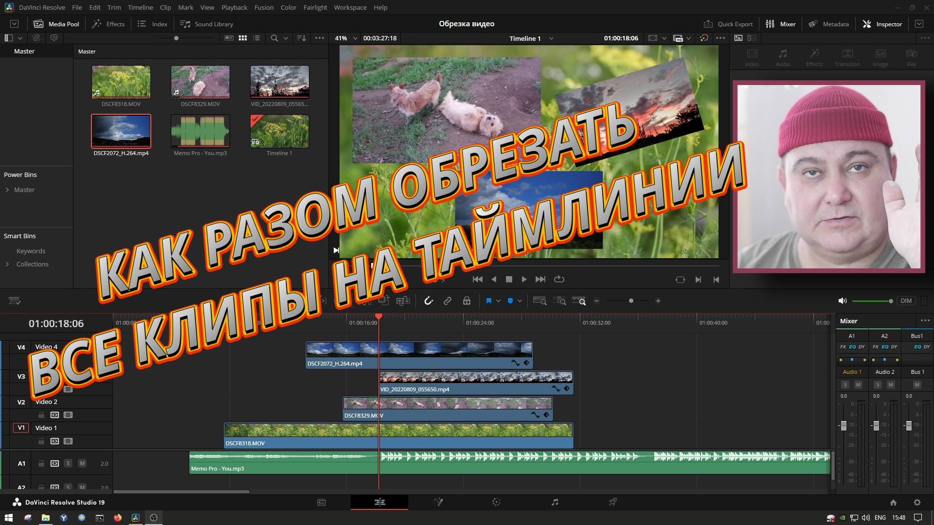 Как обрезать все файлы разом на таймлинии в Davinci Resolve