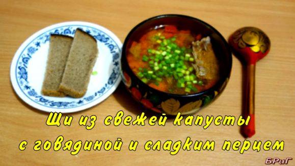 Щи из свежей капусты с говядиной и сладким перцем.