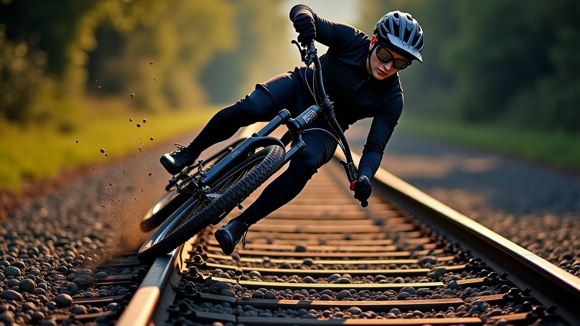 Падение с велосипеда на рельсах
