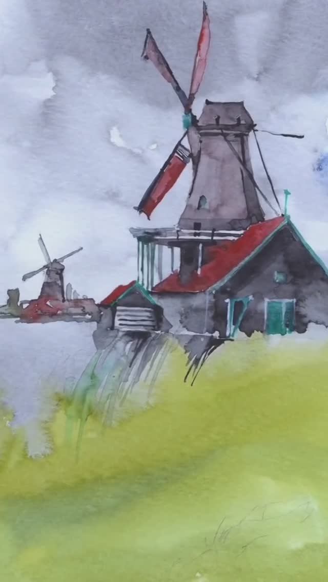 Ветряная мельница Зансе-Сханс, Нидерланды. Акварель #акварель #искусство #watercolor #sketching