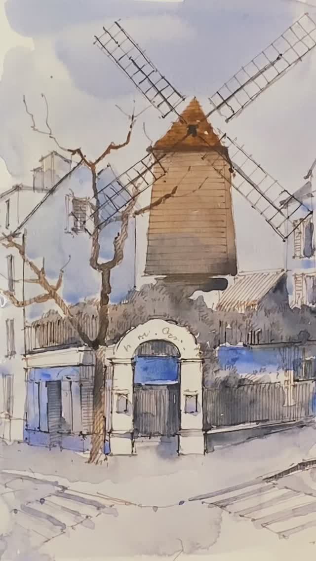 Мельница "Мулен де ла Галетт" в Париже #акварель #графика #watercolor #paris #monmartre #restaurant