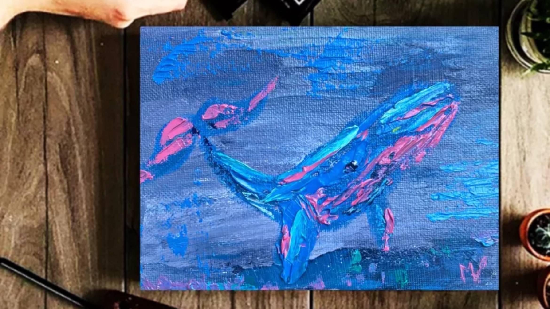 Картина Маслом Кита в Океане Синяя картина от художника на панели обтянутой холстом Маленькая