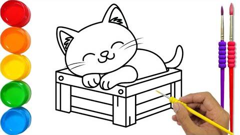 Рисование для детей. Милый котик. Раскрашиваем акварелью