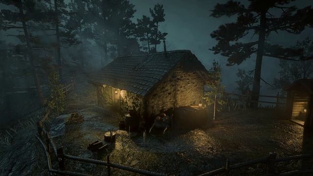 Уютная атмосфера дождя с мощным громом в горах