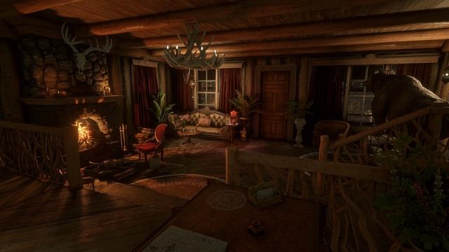 Звук зимнего ветра и теплый камин в зимней хижине