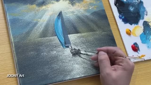 Рисуем с Joony Art морской пейзаж с солнцем, пробивающимся сквозь тучи, и яхтой