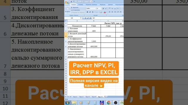 NPV, PI, DPP, IRR в Excel. Расчет #npv #irr #дисконт #excel #дисконтирование