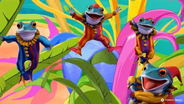 Веселые лягушки танцуют и веселятся радуют детишек заставляя улыбаться.