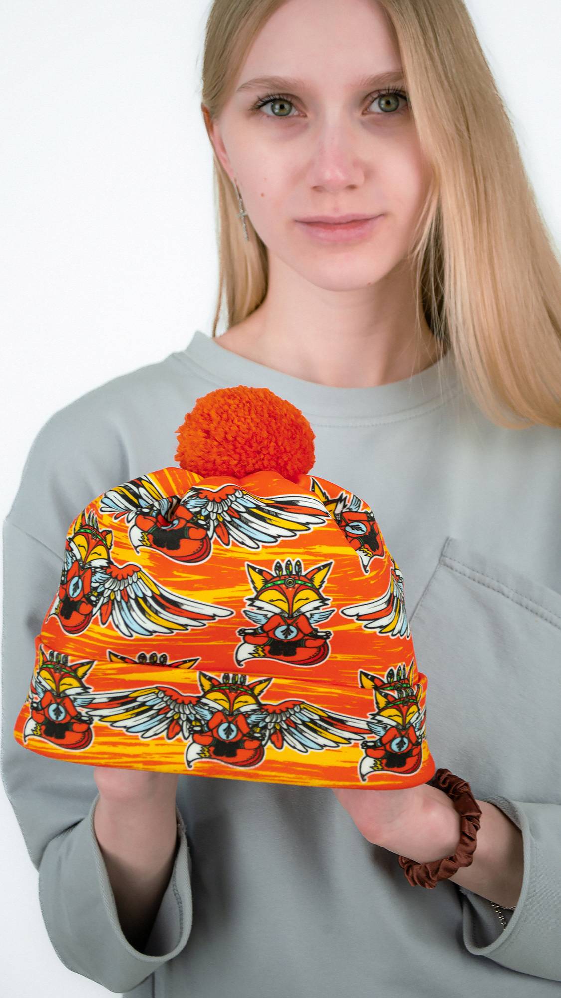 Шапка с помпоном ЛИСА ДЗЕН ГЛОБАЛ УЗОР (оранжевая)