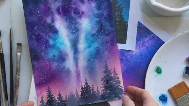 Как нарисовать звездное небо и лес акварелью