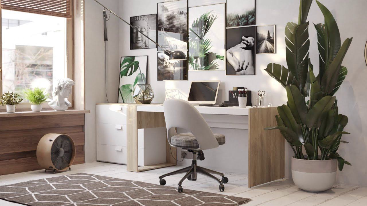 Рабочее место для дома с письменным столом и тумбой.