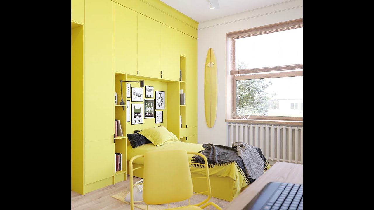 Солнечная детская комната с рабочим местом и вместительным шкафом.