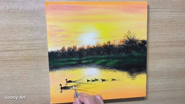 Рисуем с Joony Art закат на озере. И выводок утят с мамой уткой.