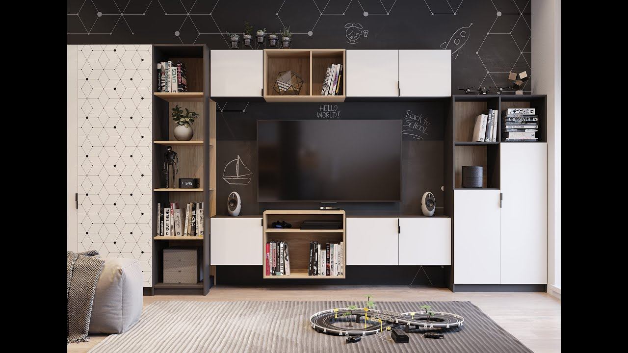 Черно-белый комплект мебели для комнаты подростка.