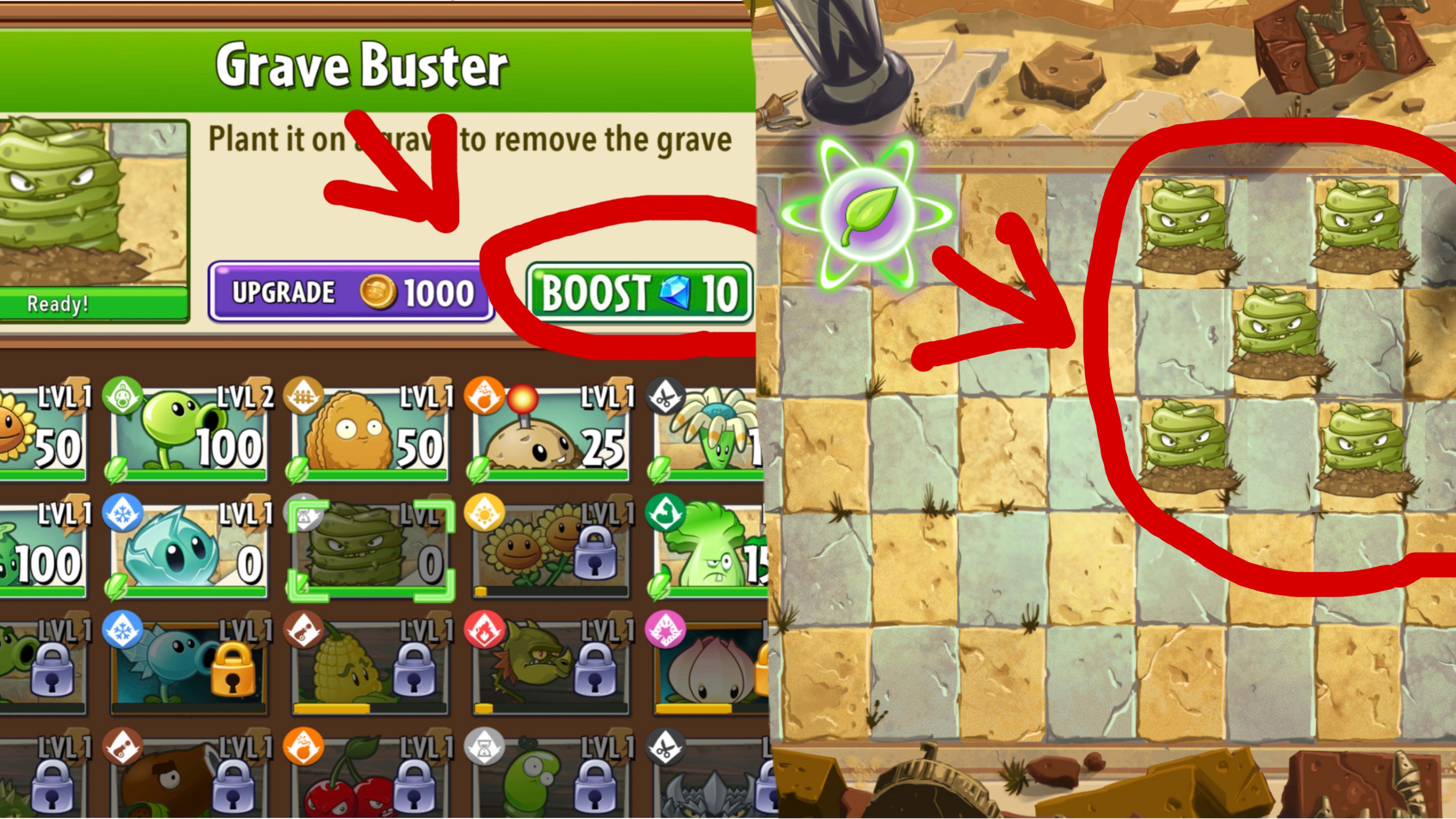 Теперь можно использовать буст лист на Grave Buster в растения против зомби!