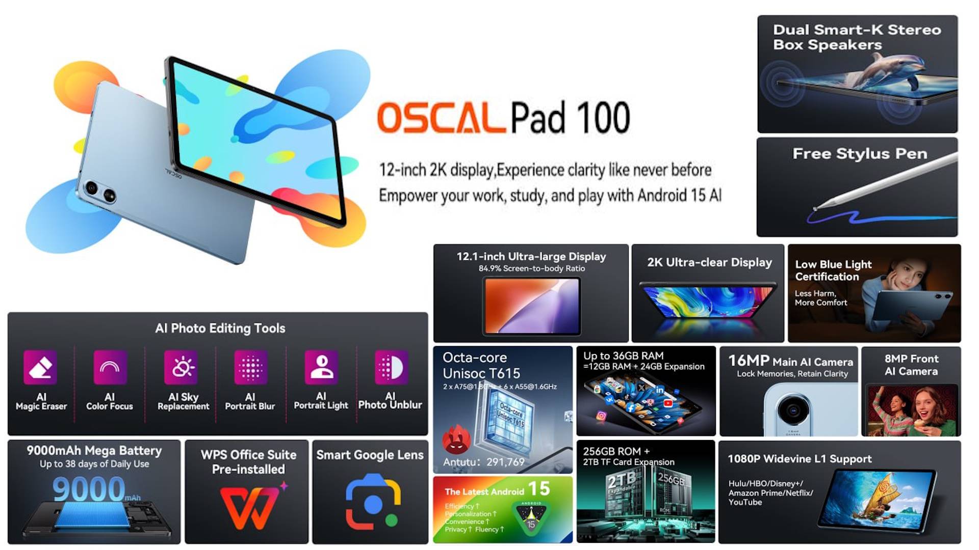 Обзор планшета Oscal Pad 100 (12,1', 2000×1200, T615, 16МП, 9Ач., Andr 15, 8(24)\12(36)GB, 256GB.