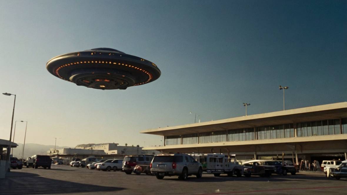 НЛО в форме летающей тарелки над Аэропортом в Лос-Анджелесе