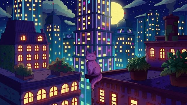 Спокойная ночная музыка с дождем в городе: Purrple Cat - Городские ночи 2 | видео для ТВ 4К