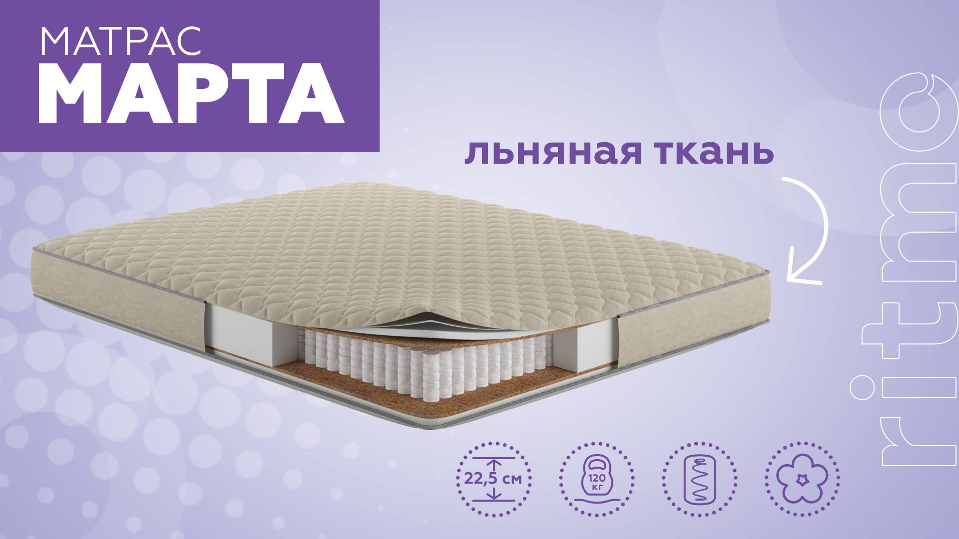 100% ЛЁН! Гипоаллергенный матрас Марта из льняной ткани / Матрасы Ritmo