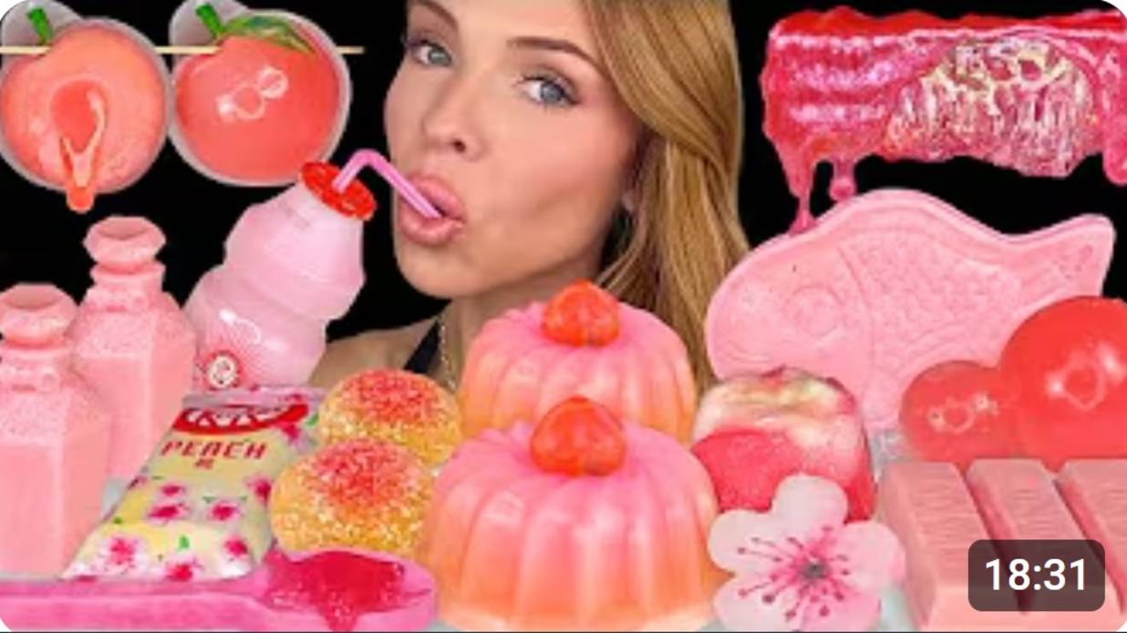 ASMR MUKBANG, Розовые десерты, Клубничное вафельное печенье, Персиковый KitKat, Медовые соты, Молочн