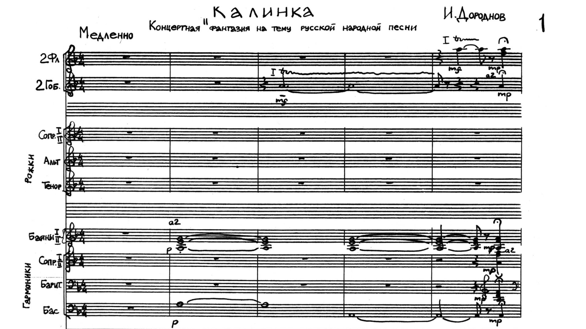 И. Дороднов. Фантазия на тему русской народной песни «Калинка». Дирижёр Виктор Кукушкин. Партитура
