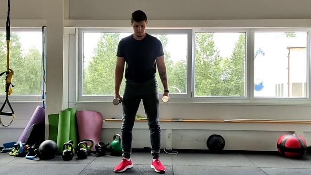 приседания на месте с гантелями