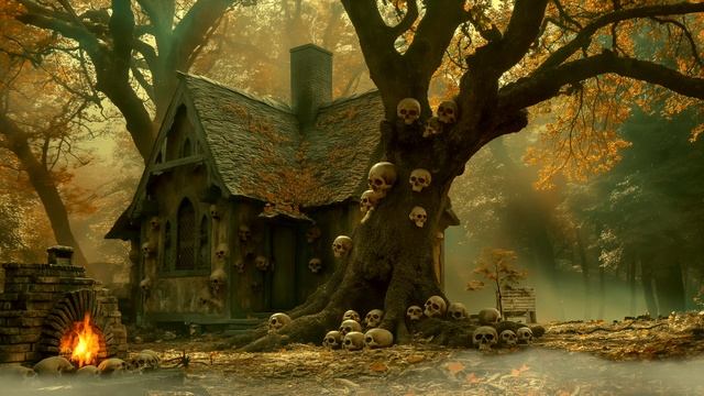 Зловещая мистическая музыка из дома ведьмы с треском костра [видео 4К]: эмбиент, ужасы