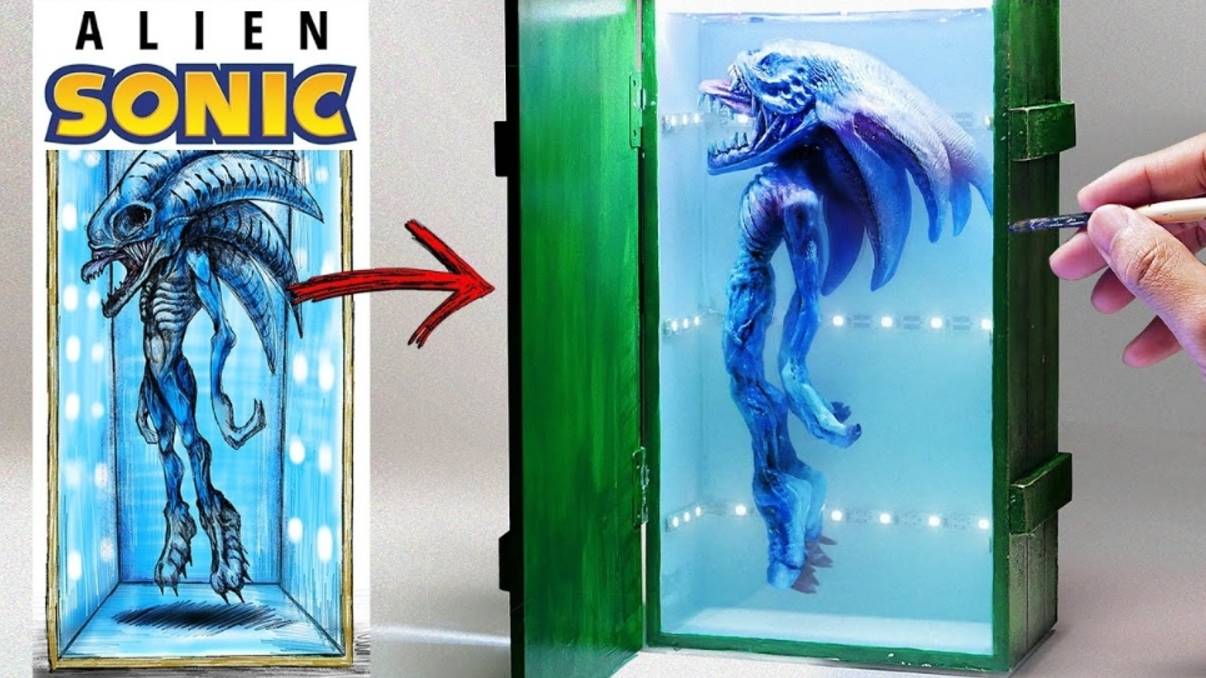 Sonic - чужой в лаборатории. Диорама из полимерной глины и эпоксидной смолы.