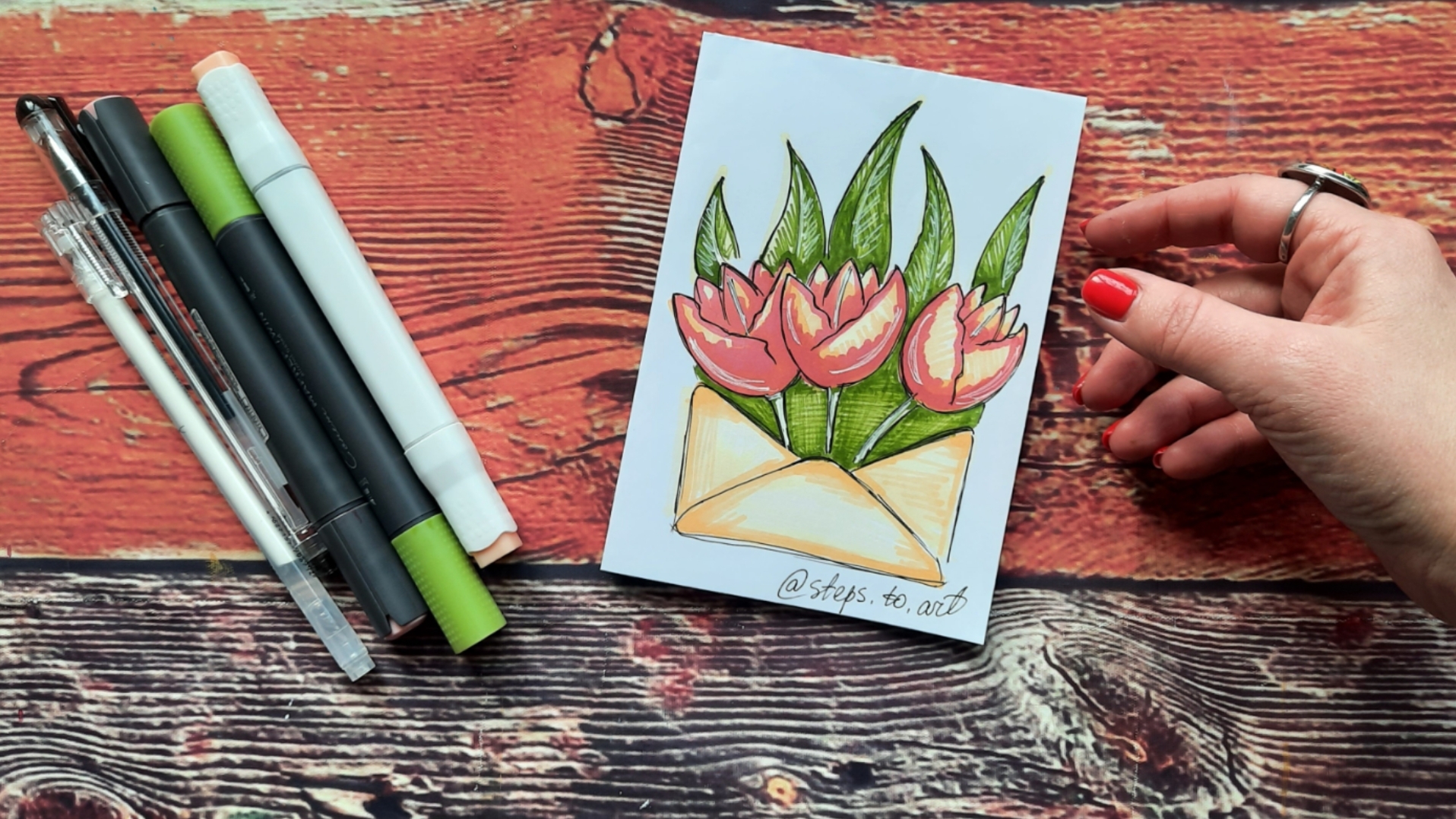 Открытка к 8 марта "Тюльпаны" - Скетчинг для детей - Рисуем цветы