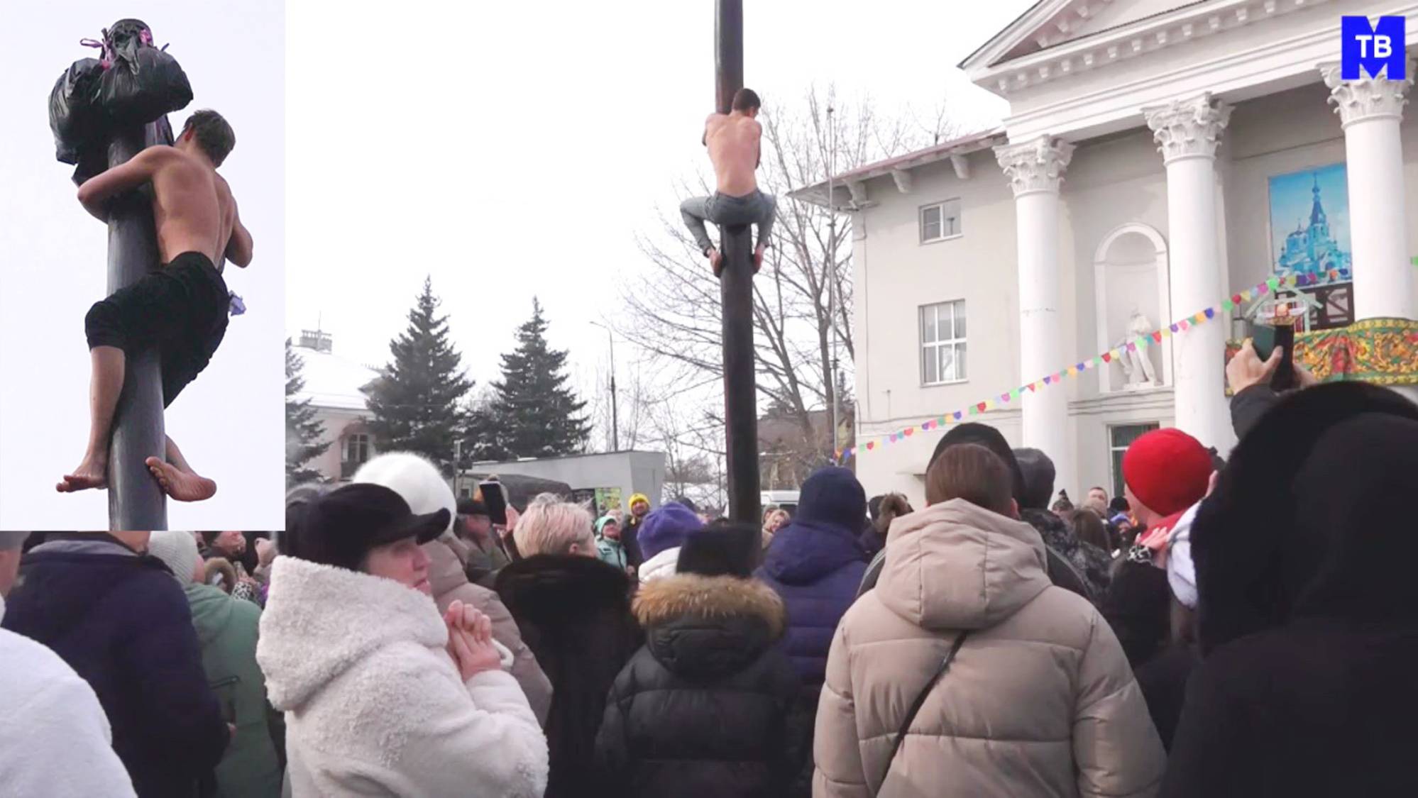 Приз на вершине столба. Масленица 2025. Снежок хрустит. Воздух - 7. г.Михайловка Волгоградская обл.