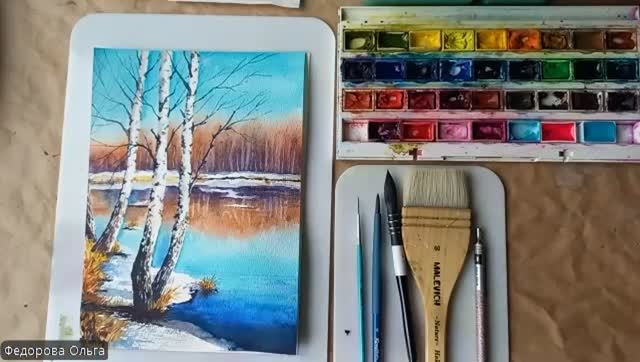 Акварель. Мартовское солнце на реке