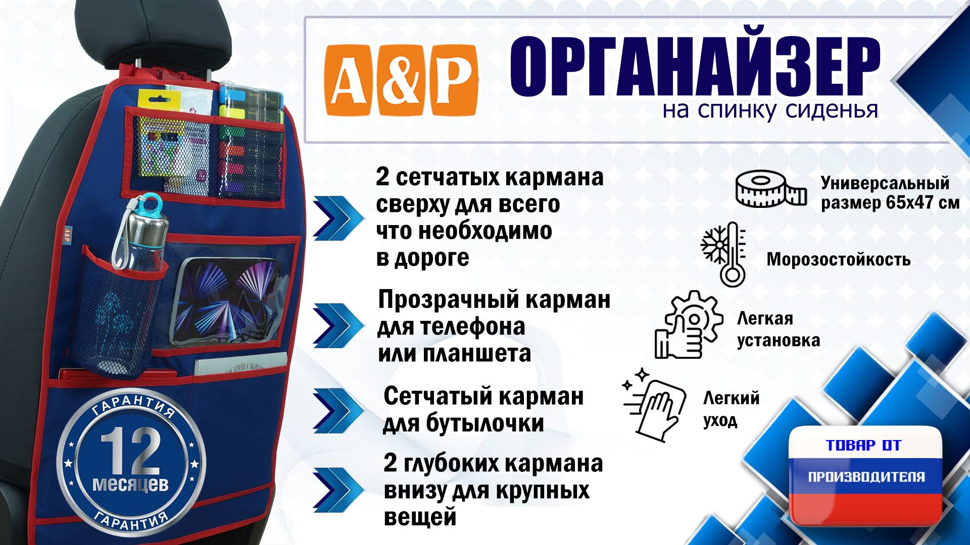 Органайзер на спинку сиденья автомобиля из ткани Оксфорд. Цвет: синий с красным. Промо-ролик.