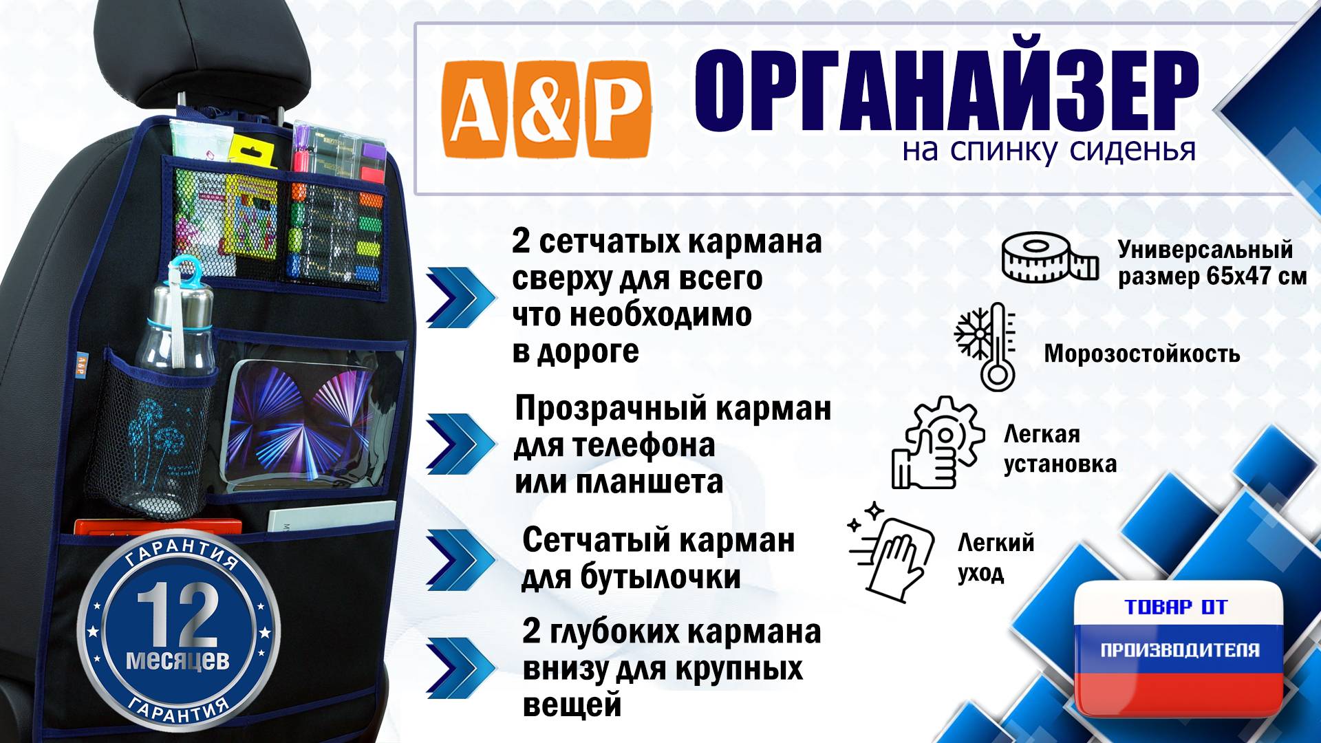 Органайзер на спинку сиденья автомобиля из ткани Оксфорд. Цвет: черный с синим. Промо-ролик.