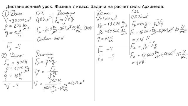Урок 50 класс 7. Расчет архимедовой силы. Задачи.