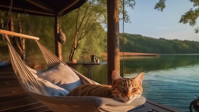 Мурлыкающий кот на веранде у озера. Уютный закат. ASMR звук