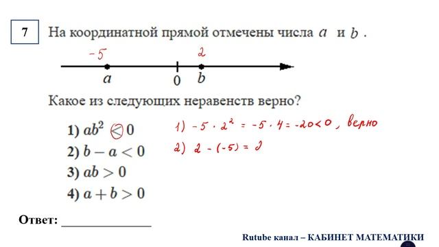 ОГЭ. Математика. Задание 7. На координатной прямой отмечены числа a и b. Какое из следующих