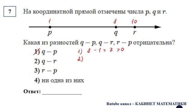 ОГЭ. Математика. Задание 7. На координатной прямой отмечены числа p, q и r. Какая из разностей