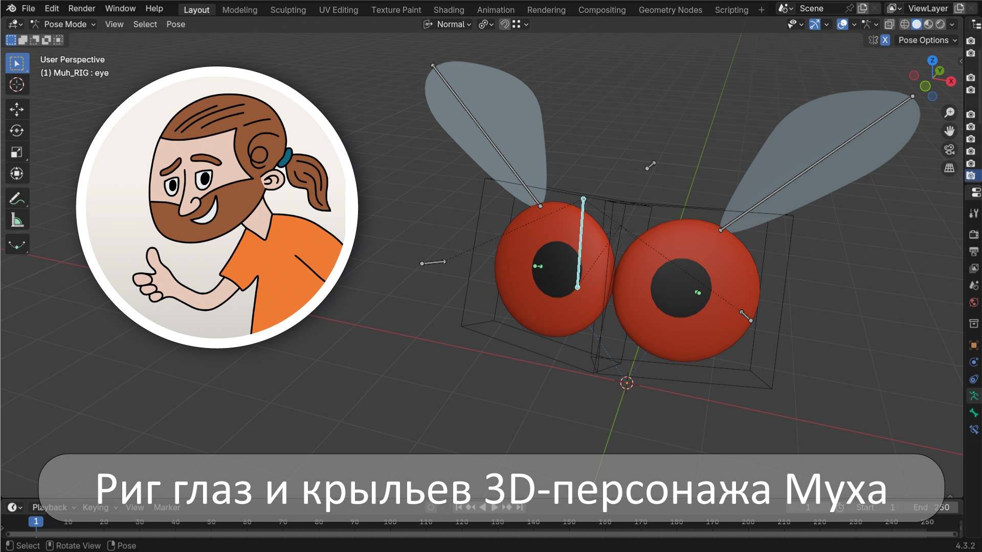 Риг глаз и крыльев 3D-персонажа Муха в Blender 4.3 (запись трансляции)