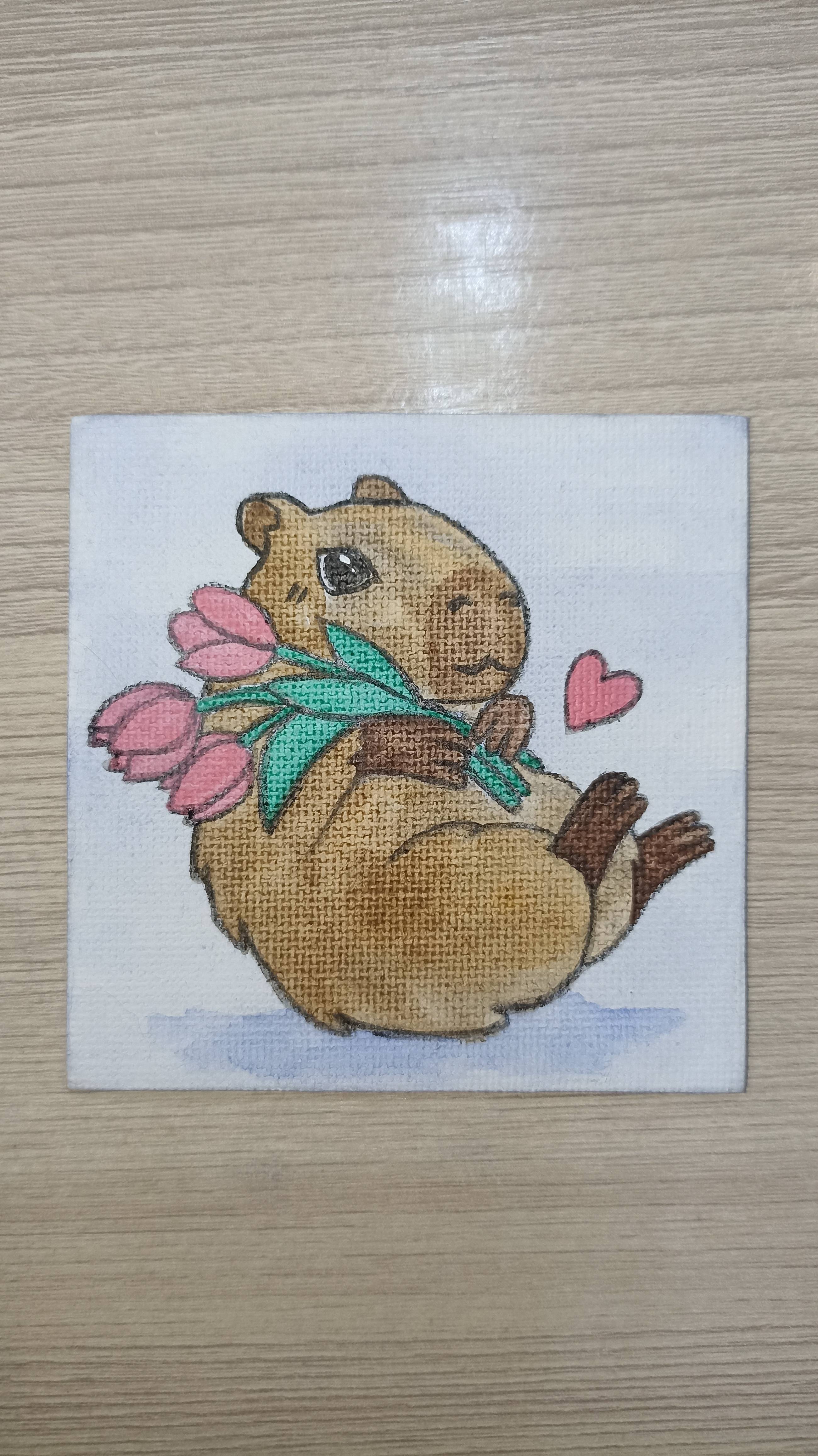 Рисунок акрилом / Капибара с тюльпанами