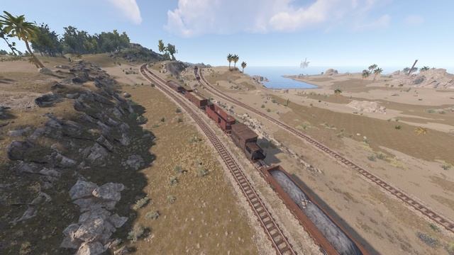 Поезда в пустыне Раст, Пальмы и вагоны. Живые обои выживания