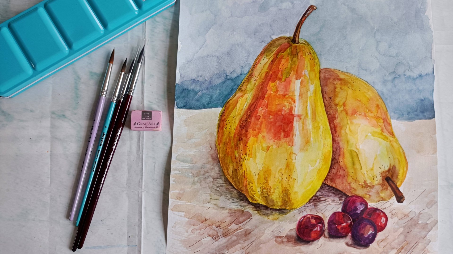 Рисуем груши акварелью