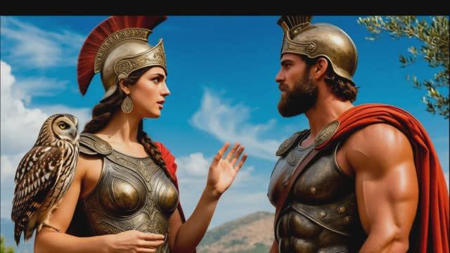 Афина с совой и Геракл (пародия современного ИИ на античность )