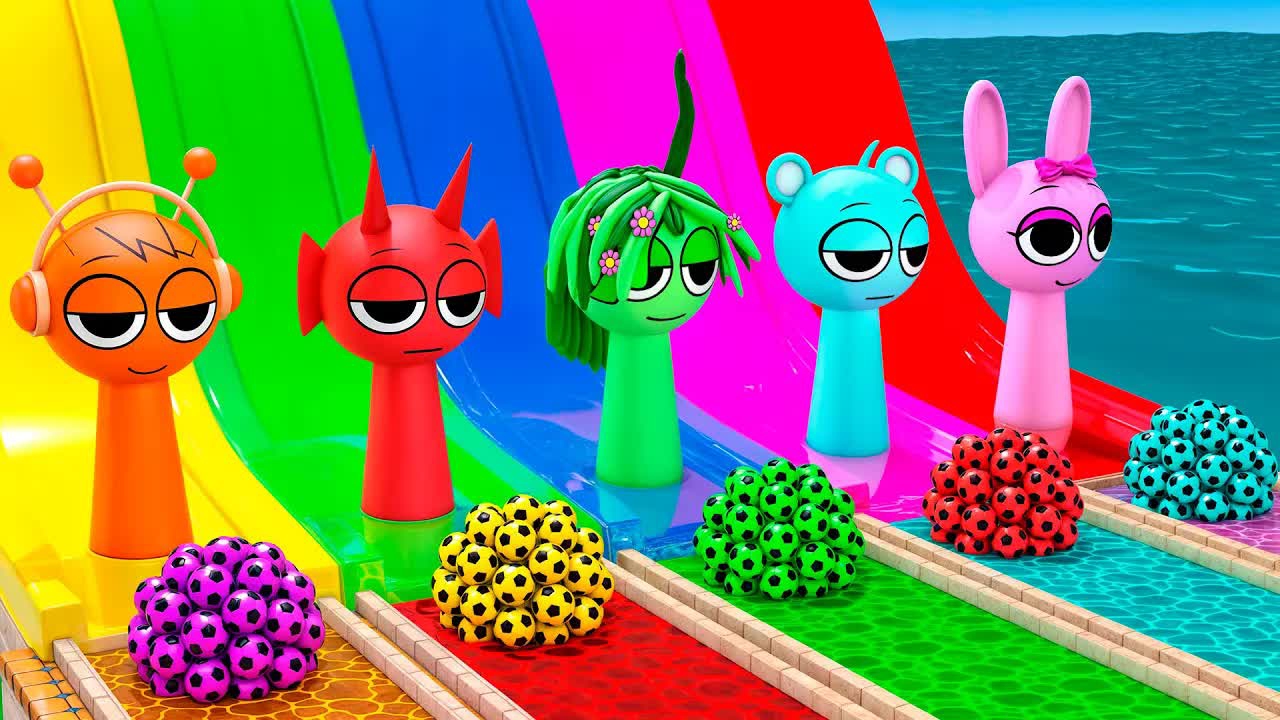 Игра с длинными слайдами с невероятными Спрунки, Пинки, Орен, Скай, Радди, Винерия, 3d-игра