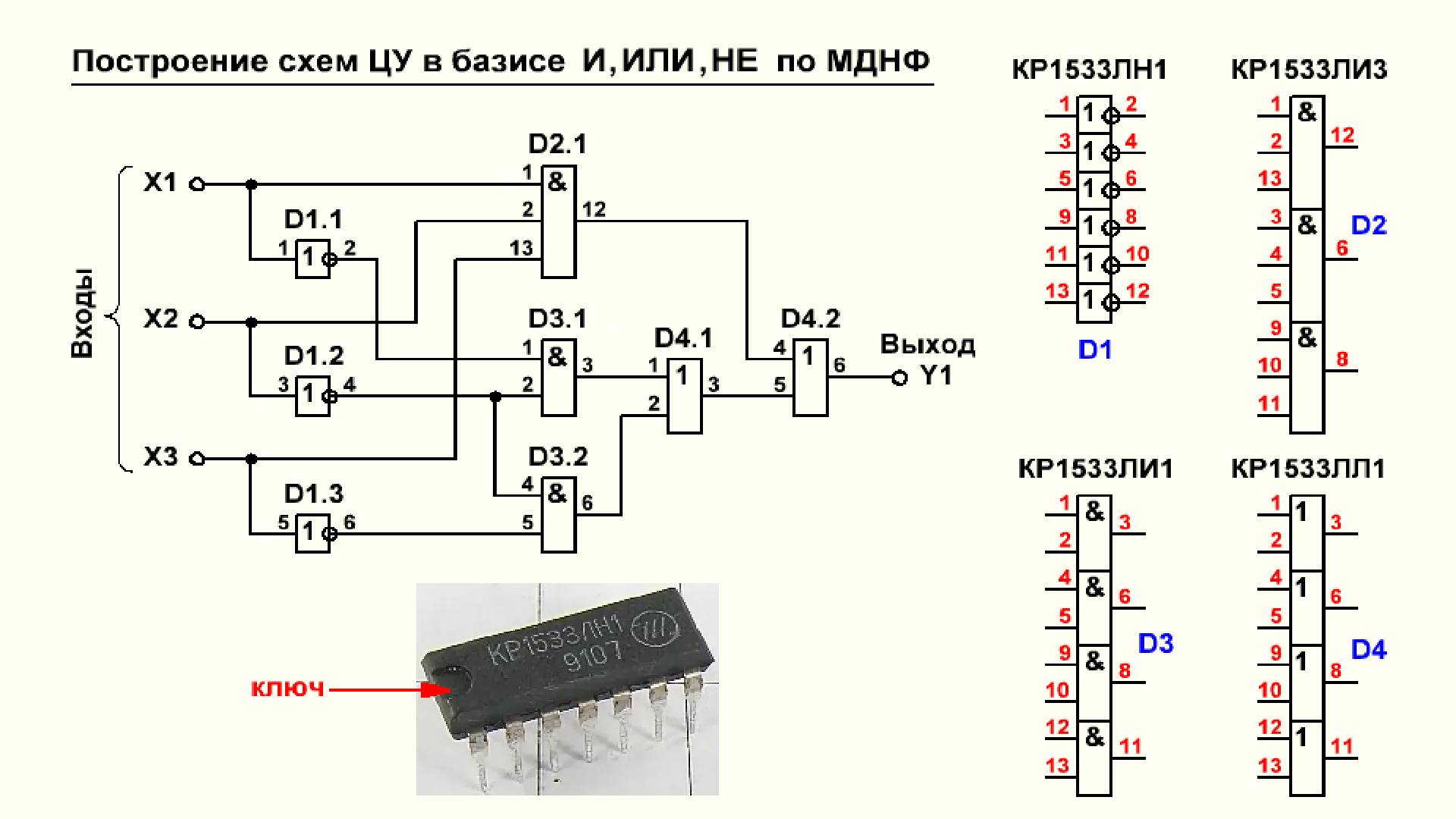 Видеоурок 2.13.1.  Построение схемы ЦУ по МДНФ для функции Y1. Часть 2